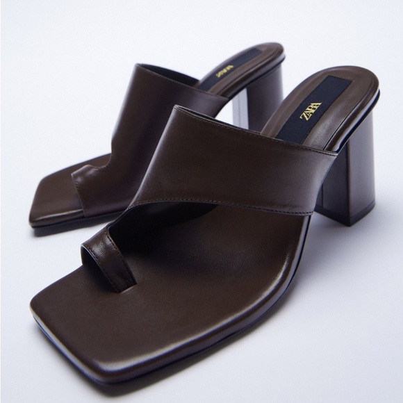 Zara | Shoes | Zara Brown Leather Square Toe Heel Sandals | Poshmark